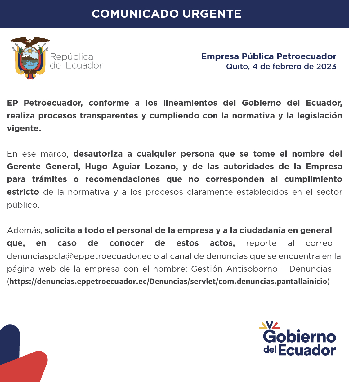 COMUNICADO URGENTE – EP PETROECUADOR